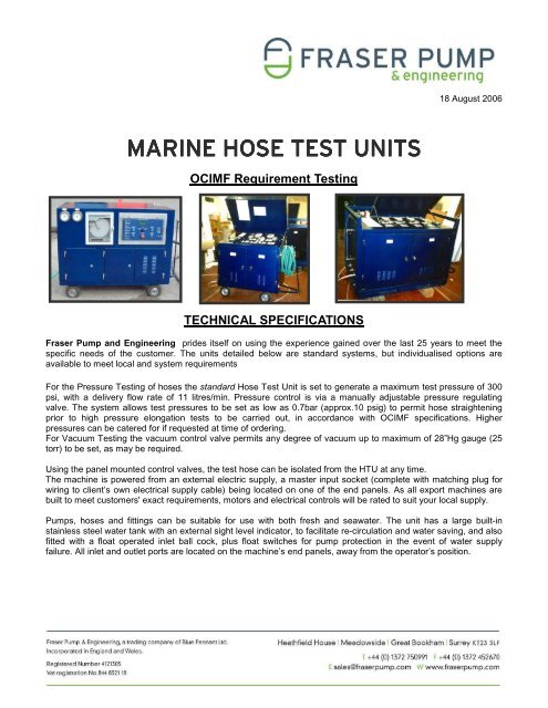 hose test specifications - Fraser Pump