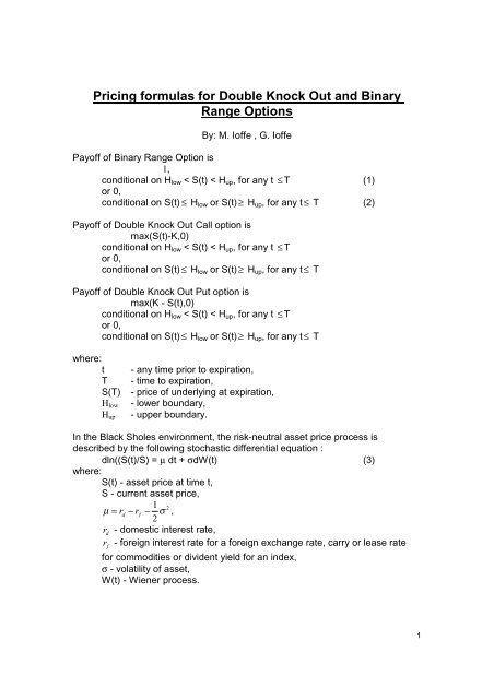 Pricing formulas for Double Knock Out and Binary Range Options