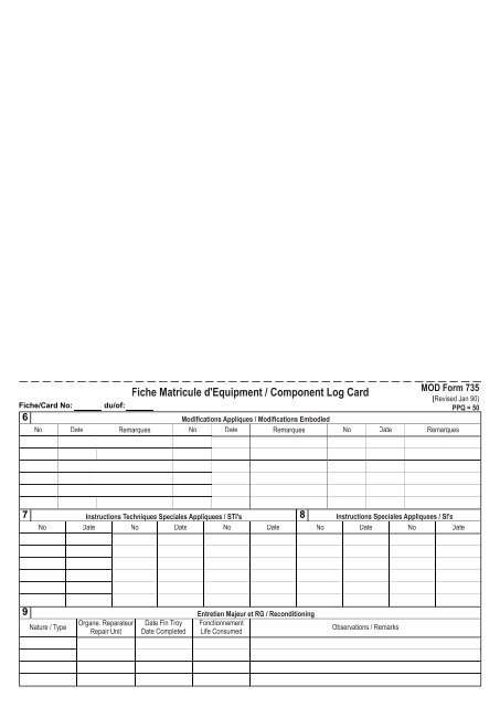 Fiche Matricule d'Equipment / Component Log Card