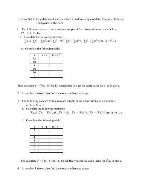 Exercise Set 1: Calculations of statistics from a random sample of ...
