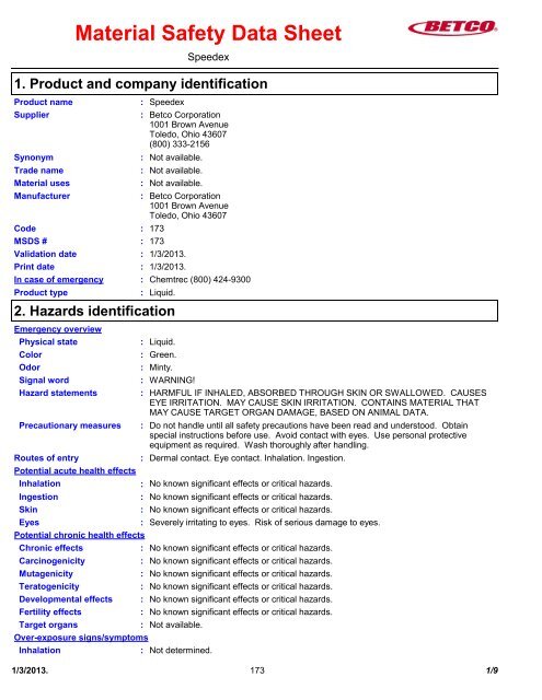 173 - Speedex RTU MSDS English (Canada) - Betco Corporation