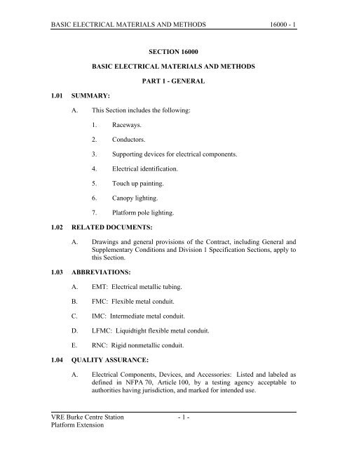 SECTION 16050 - BASIC ELECTRICAL MATERIALS AND METHODS