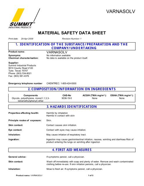 Download Summit Varnasolv Material Safety Data Sheet (MSDS)