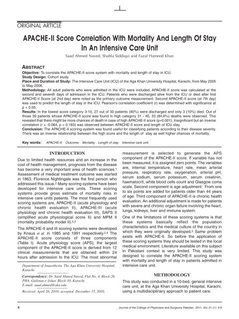 APACHE-II Score Correlation With Mortality And Length Of Stay In ...