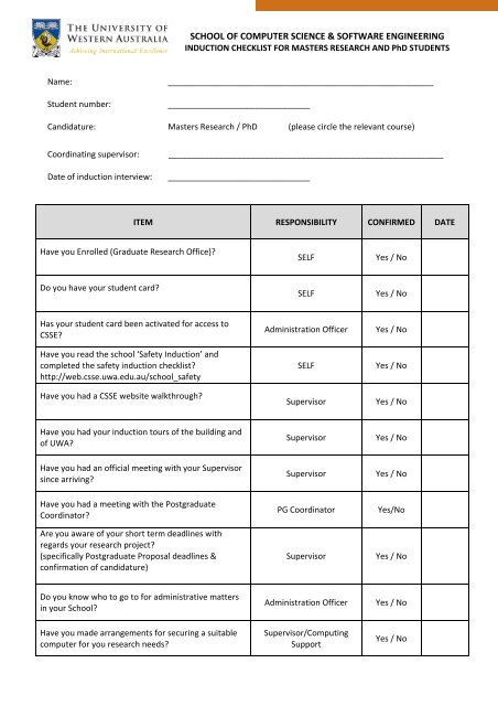 CSSE Postgrad Induction Checklist