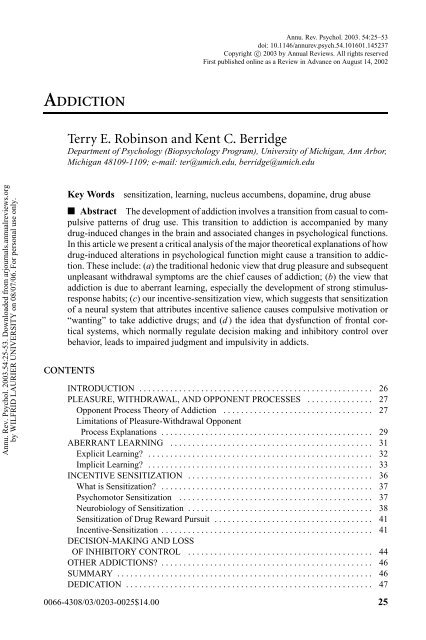 ADDICTION Terry E. Robinson and Kent C. Berridge - Psychology