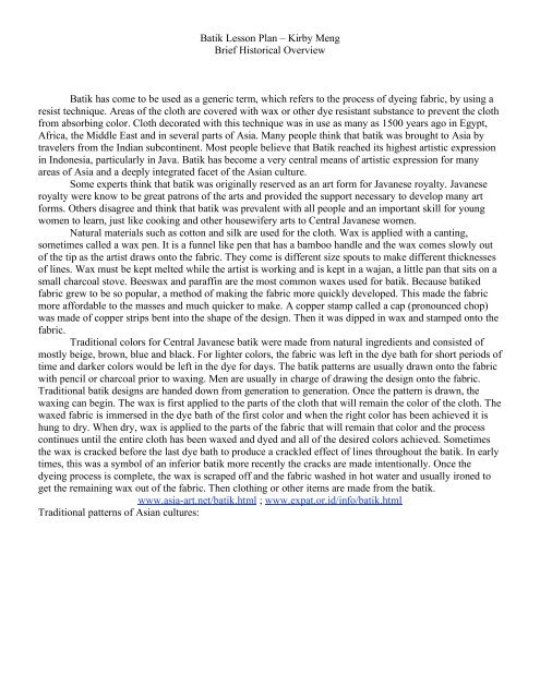 Batik Lesson Plan â Kirby Meng Brief Historical Overview Batik has ...