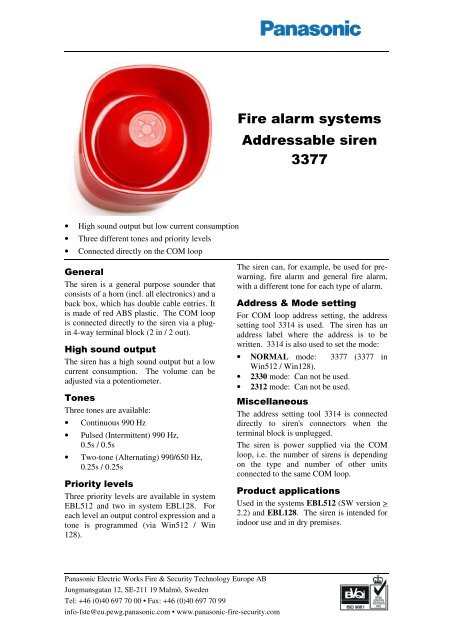 Fire alarm systems Addressable siren 3377 - Panasonic