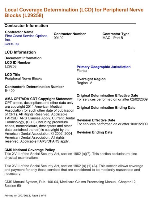 Local Coverage Determination for Peripheral Nerve Blocks (L29258)