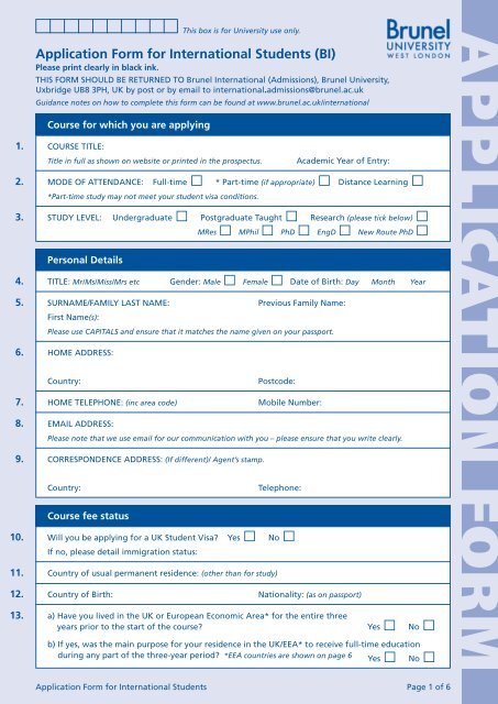 Application Form for International Students - Brunel University