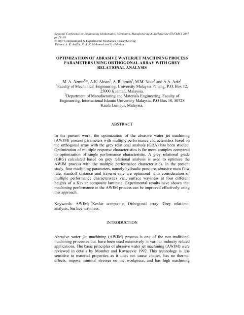 OPTIMIZATION OF ABRASIVE WATERJET MACHINING PROCESS ...