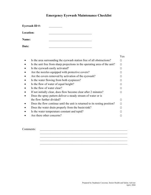 Emergency eyewash checklist - Environmental Health and Safety