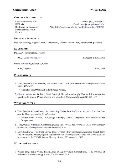 Curriculum Vitae - Wenjie Tang - INSEAD - PhD Programme