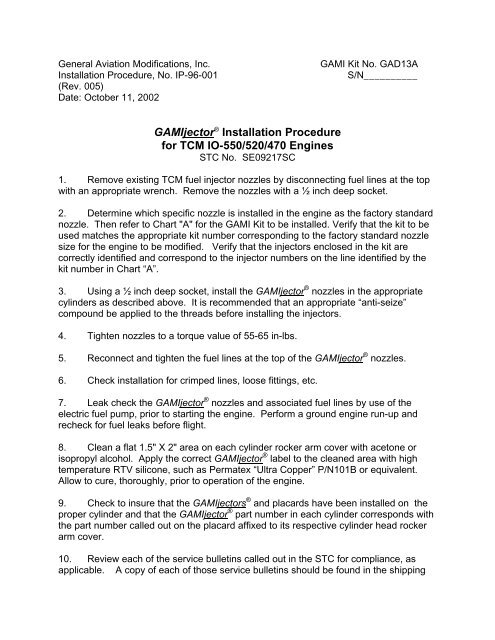 GAMIjectorÂ® Installation Procedure for TCM IO-550/520/470 Engines