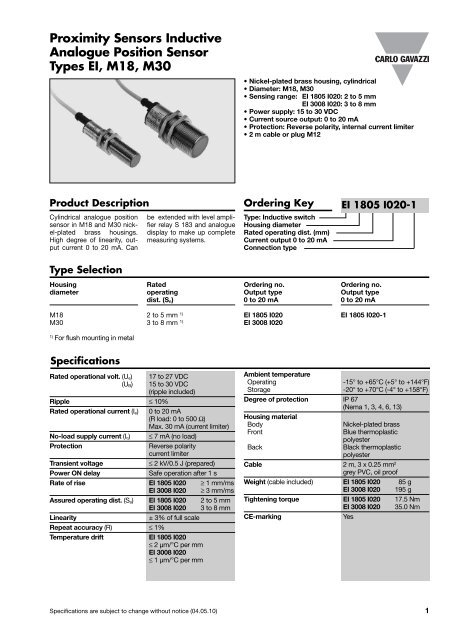 Types EI, M18, M30 Analogue Position Sensor Proximity Sensors ...