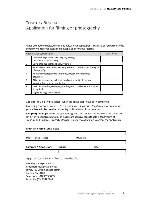Treasury Reserve Application for filming or photography