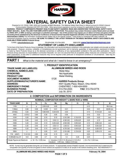 MATERIAL SAFETY DATA SHEET - The Harris Products Group