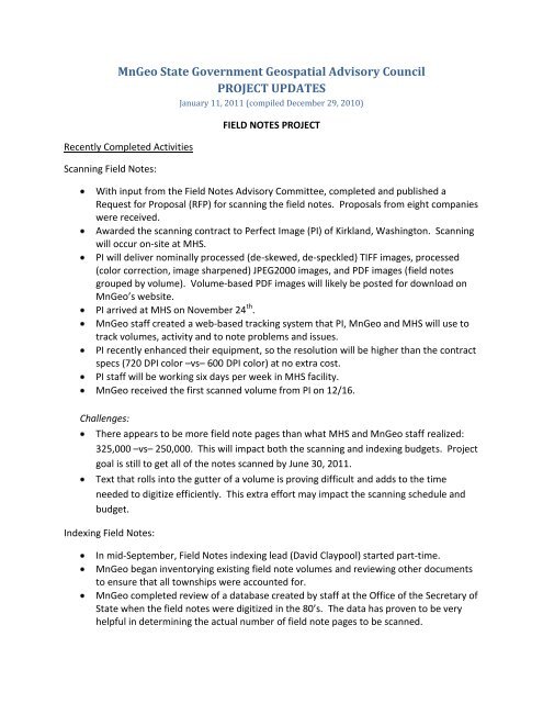 MONTHLY PROJECT STATUS REPORT - MnGeo