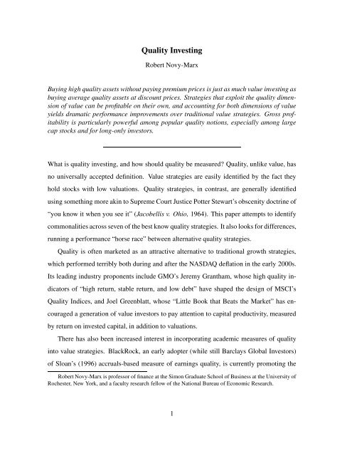 The Quality Dimension of Value Investing - Robert Novy-Marx ...