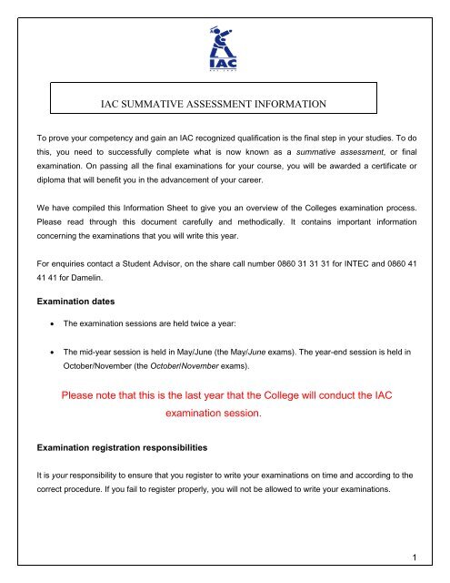 IAC SUMMATIVE ASSESSMENT INFORMATION ... - INTEC College