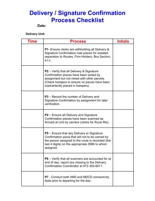 Delivery / Signature Confirmationn Process Checklist