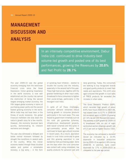MANAGEMENT DISCUSSION AND ANALYSIS - Dabur India Limited