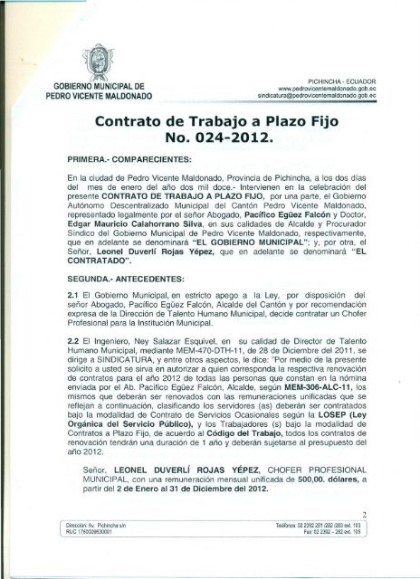 Contrato de Trabajo a Plazo Fijo No. 024-2012.