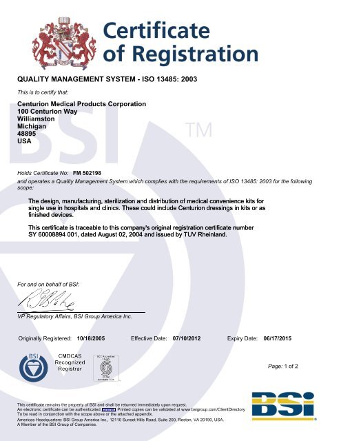 BSI Certificate - Centurion Sterilization Services