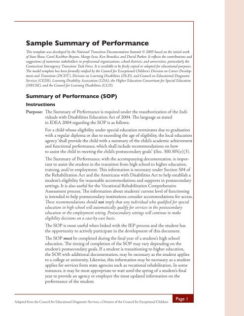 A Sample Summary Of Performance Template CalSTAT