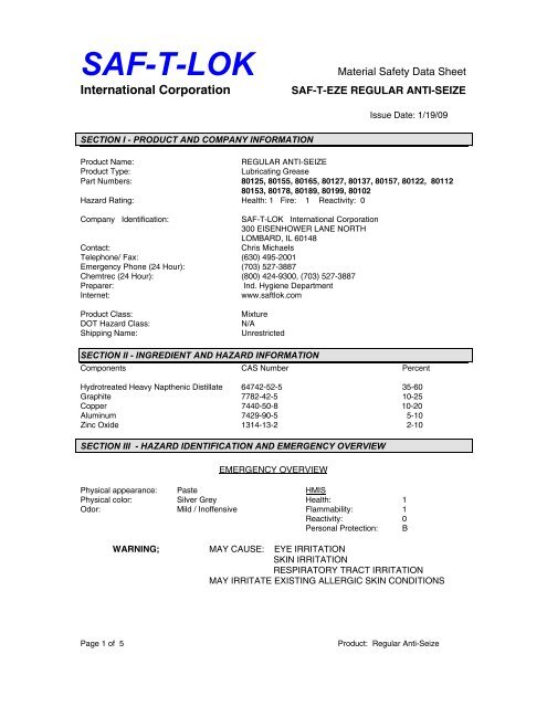 SAF-AIR Anti-Seize Lubricant MSDS - McFarlane Aviation Products