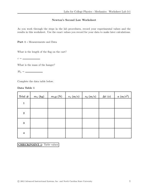 Labs for College Physics - Mechanics Worksheet Lab 3 ... - WebAssign