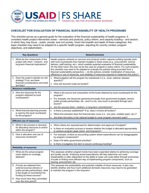 checklist for evaluation of financial sustainability of health programs