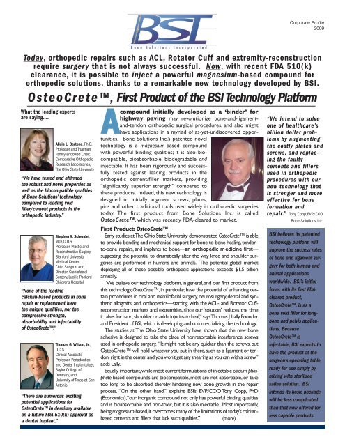 OsteoCrete™, First Product of the BSI Technology Platform