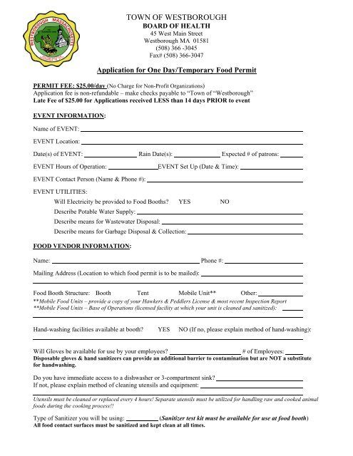 Temporary Food Permit Application - Westborough Town Hall