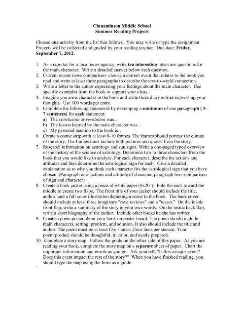 Cinnaminson Middle School Summer Reading Projects Choose one ...