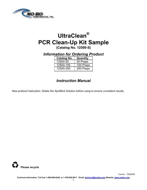 UltraClean PCR Clean-Up Kit Sample - MO BIO Laboratories