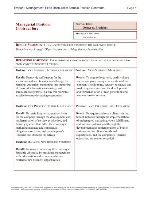 Non-Managerial Position Contract For - E-Myth