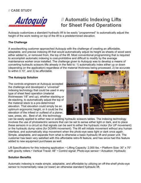 Autoquip - Indexing Lift Table for Sheet Feeding - Henry M. Wood Co.