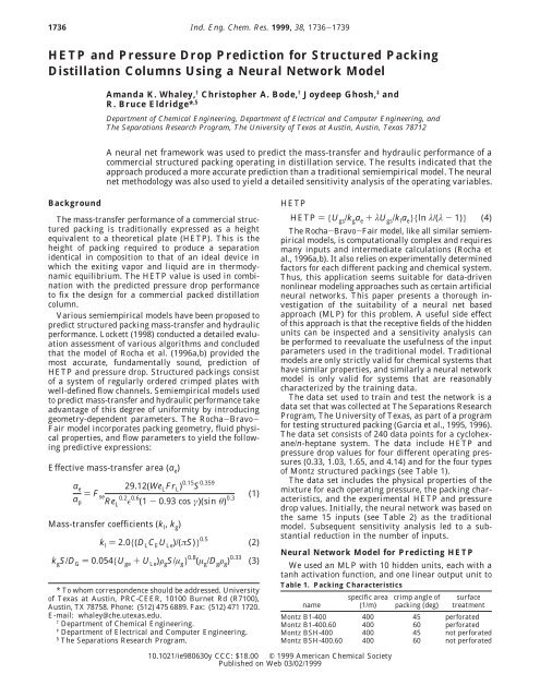 HETP and Pressure Drop Prediction for Structured Packing ...