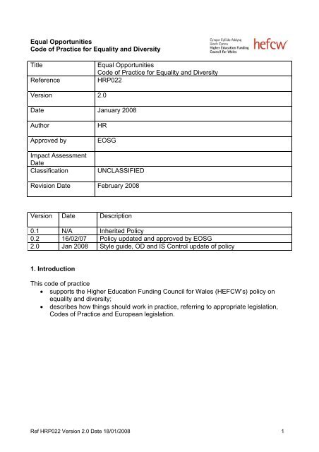 Equal Opportunities Code of Practice for Equality and Diversity Title ...