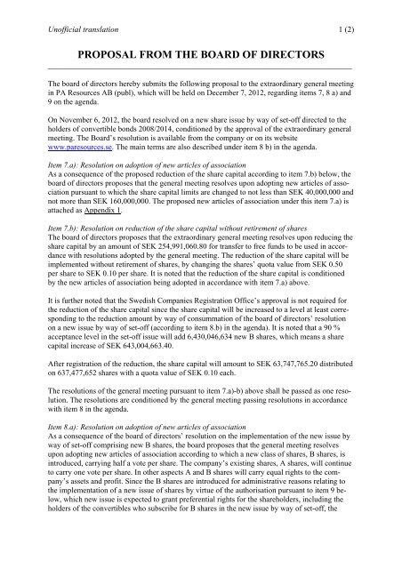 proposal from the board of directors - PA Resources