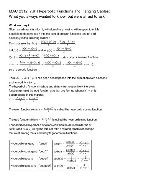 MAC 2312 7.9 Hyperbolic Functions and Hanging Cables: What you ...