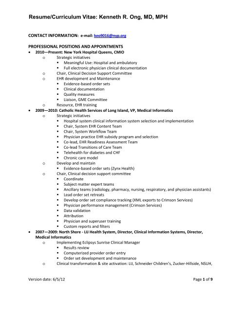 Resume/Curriculum Vitae: Kenneth R. Ong, MD, MPH - Medical ...