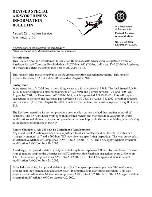 revised special airworthiness information bulletin - General Aviation ...