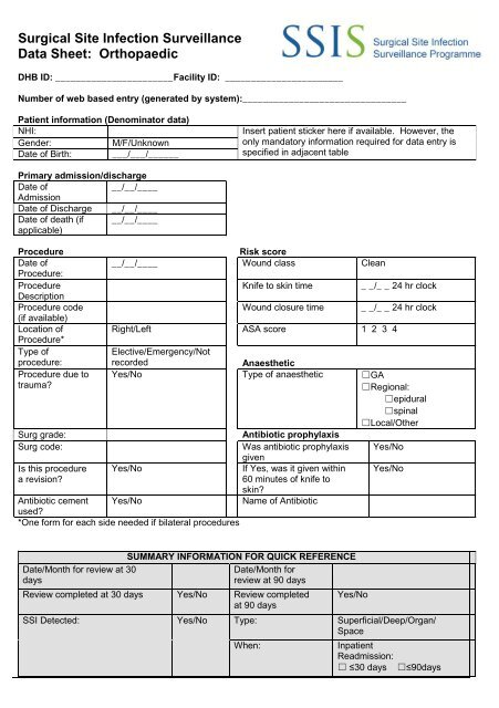 Surgical Site Infection Surveillance Data Sheet ... - Hqsc.govt.nz
