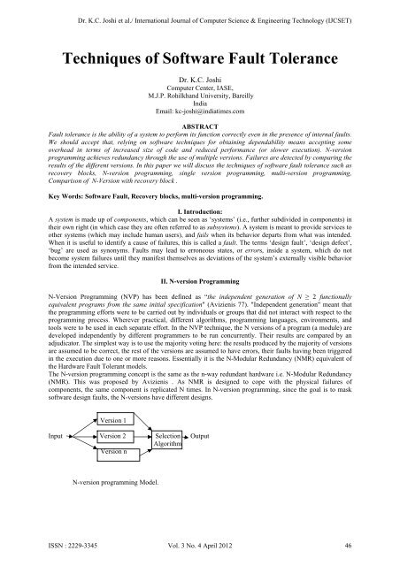 Techniques of Software Fault Tolerance - IJCSET