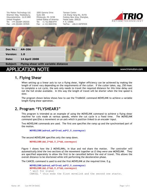 1. Flying Shear 2. Program â FLYSHEAR3â - Trio Motion Technology