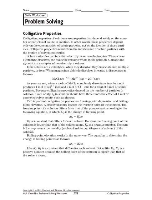 Colligative Properties Worksheet Answers