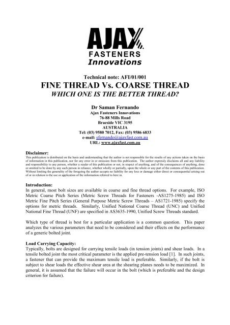 Download Fine Thread Vs Coarse Thread - Ajax Fasteners Download Fine Thread Vs Coarse Thread - Ajax Fasteners