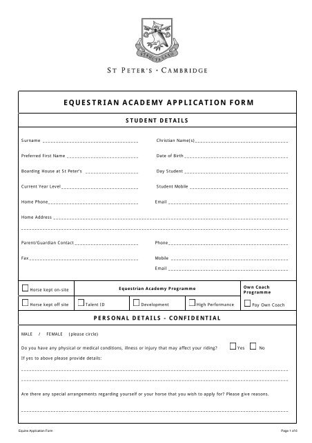 EQUESTRIAN ACADEMY APPLICATION FORM - St Peter's School